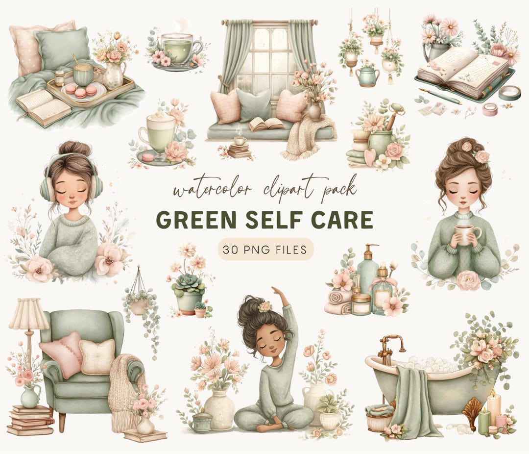 Green Self Care Clipart Set – 30 Watercolor Wellness Illustrations ...