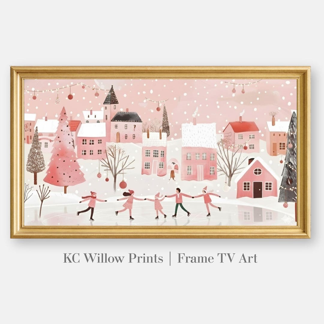 Pink Christmas Village Frame TV Art, Folk Christmas Artwork (digital ...