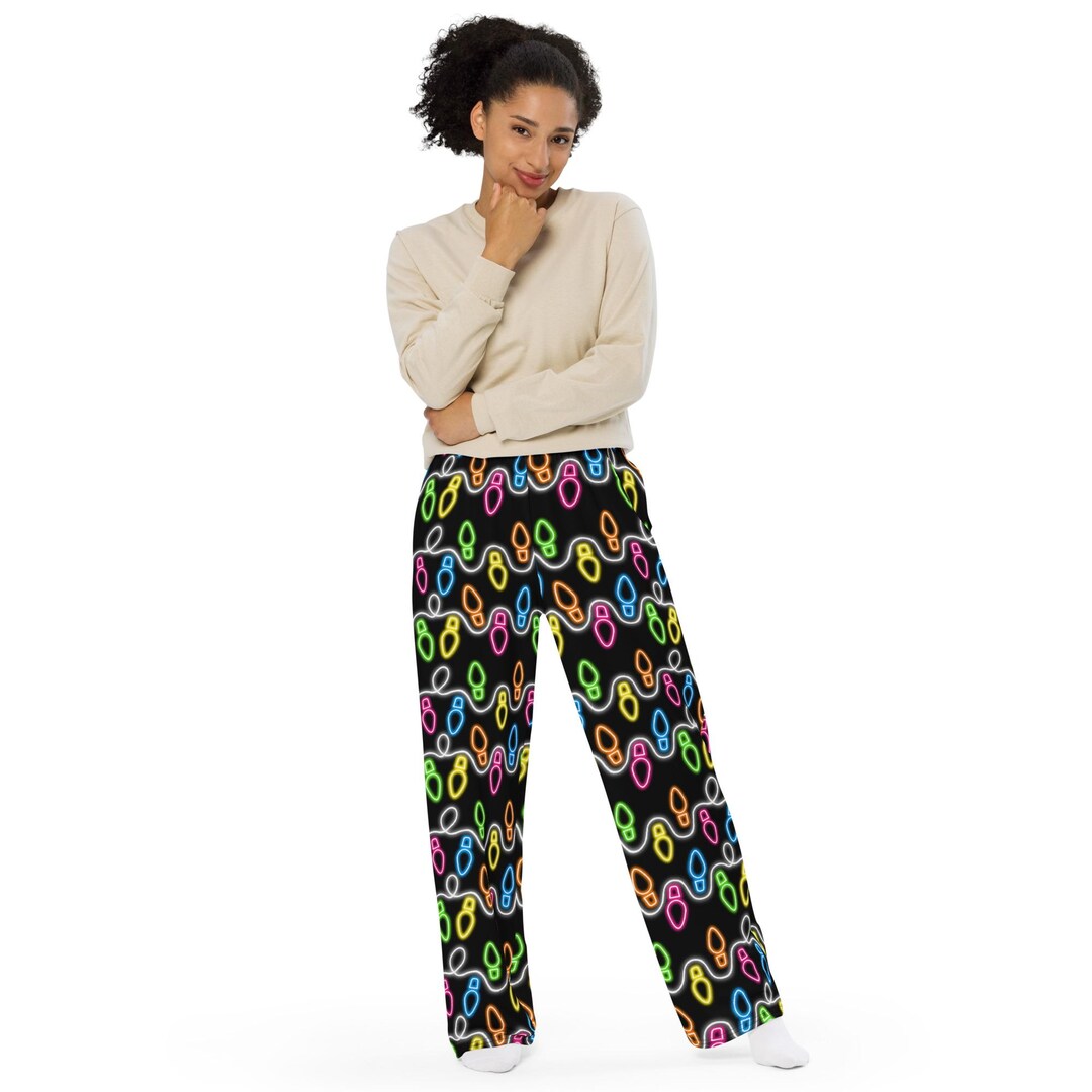 Neon Christmas Lights Pajama Pants, Colorful Holiday Lounge Pants ...