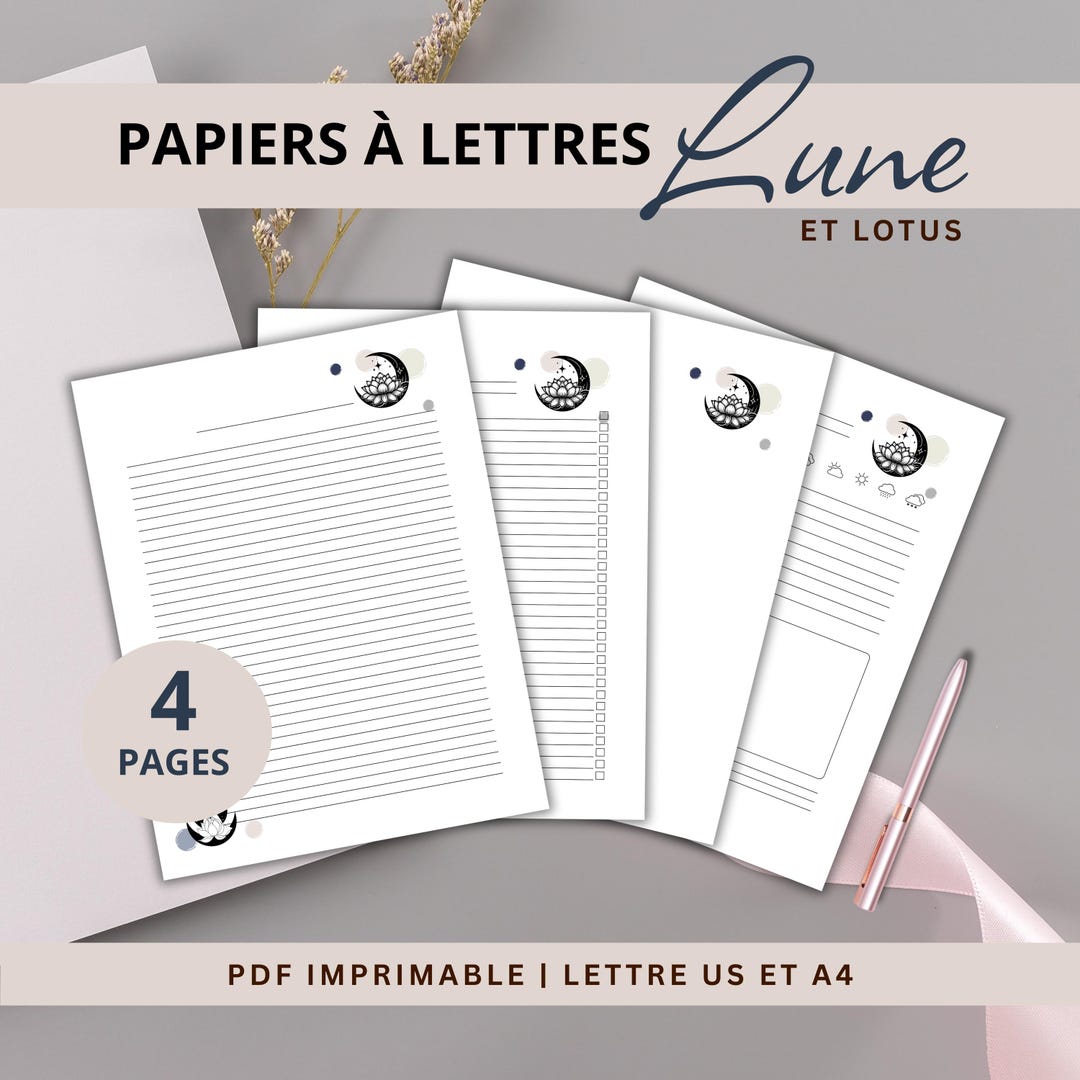 Printable Moon Stationery PDF – Minimalist Lotus Stationery Design | 4 ...