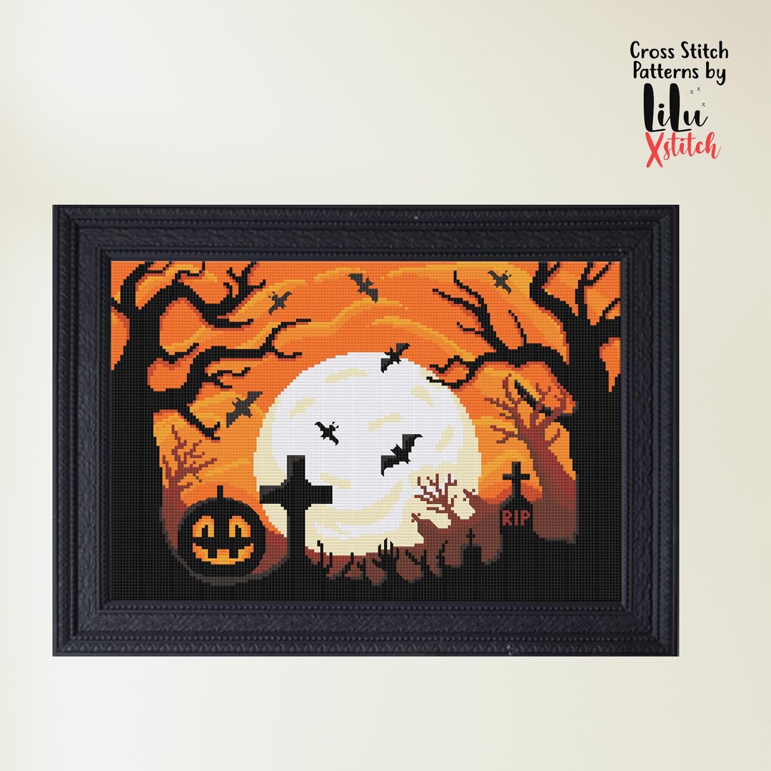 Halloween Landscape Cross Stitch Pattern (PDF Pattern) Cemetery Easy to ...