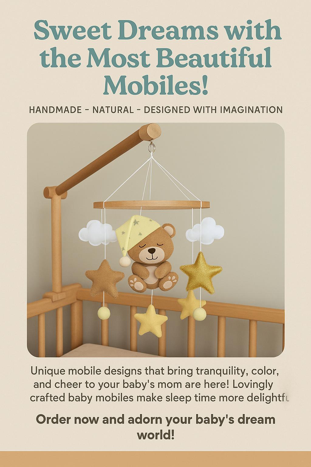 Teddy Bear on Moon Baby Mobile, Boucle Fabric Cloud Decor, Neutral ...