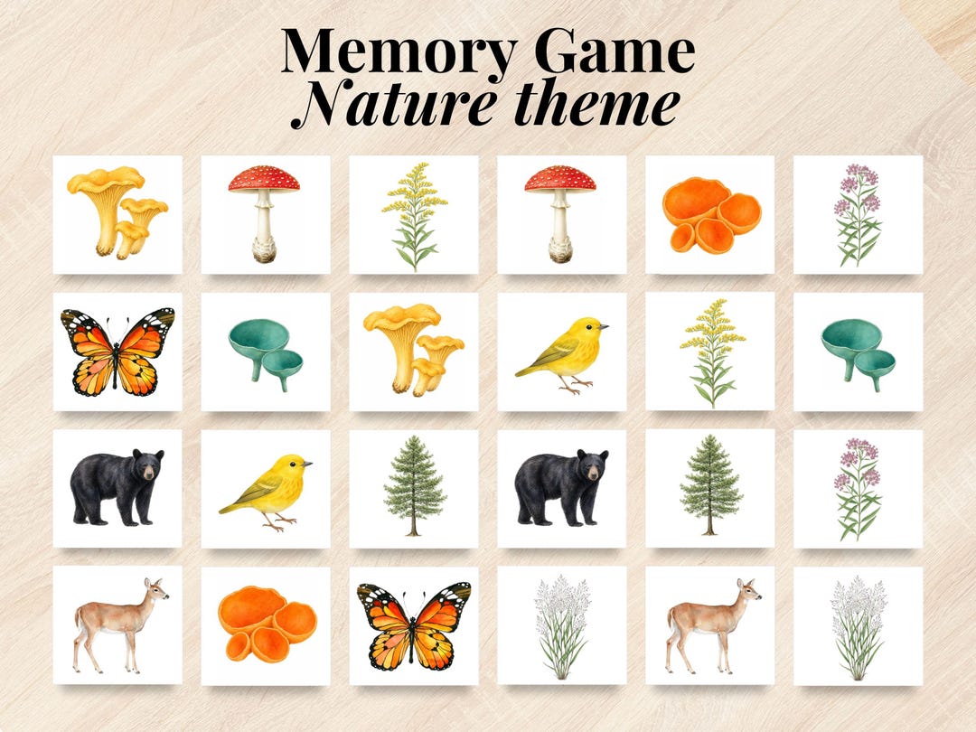 Printable Memory Card Game for Kids | Watercolor Animals Plants & Fungi ...