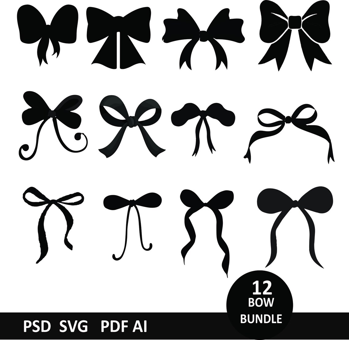 Black Bow SVG Bundle | Ribbon Silhouette & Clipart | 12 Vector ...