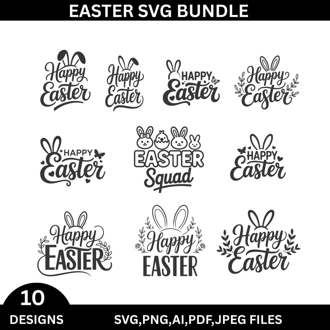 Happy Easter SVG Clipart Bundle, Bunny Png Bundle, Bunny Typography Svg ...