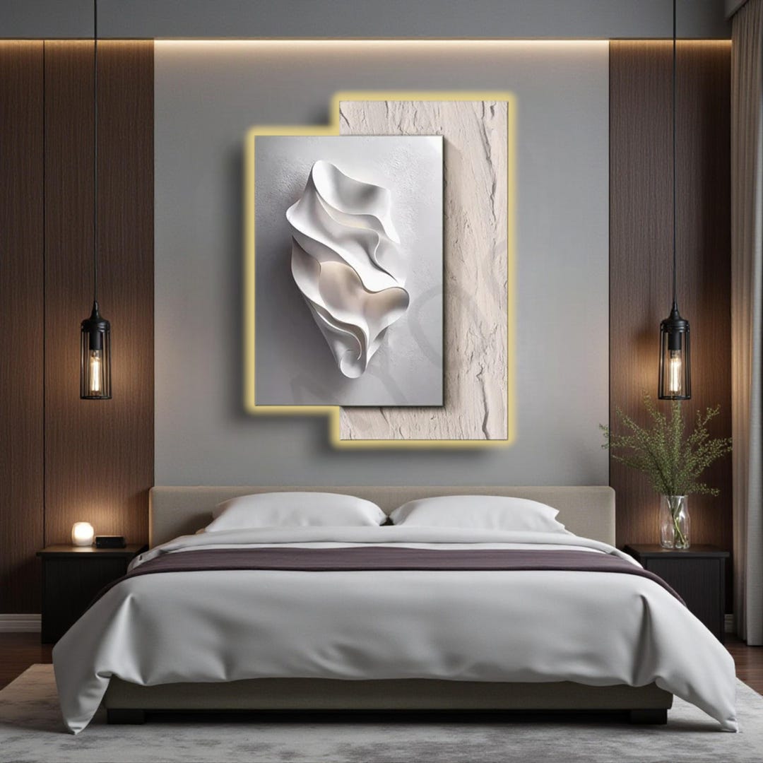 Abstract White Wave LED Wall Art Framed, Vertical Sculptural Light ...
