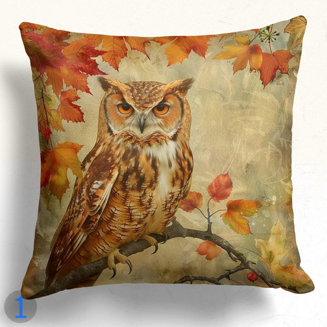 Great Horned Owl Autumn Leaves Printed Pillow Cover, Fall Forest Decor ...