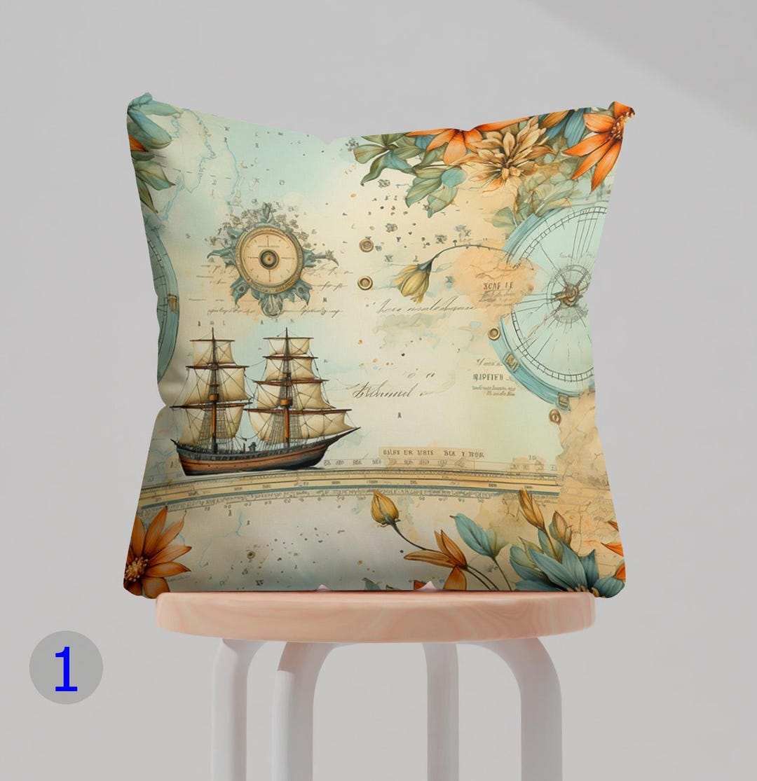Vintage Ship Pillow Covers, Antique Sailboat Cushion Covers, Floral ...
