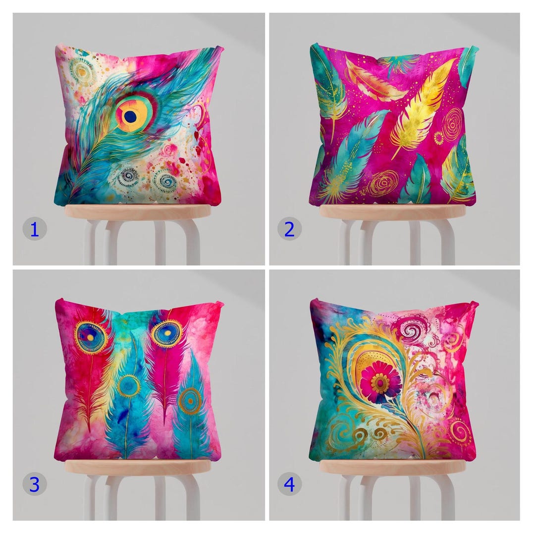 Vibrant Peacock Feather Pillow Covers Colorful Feather Pillowcases ...