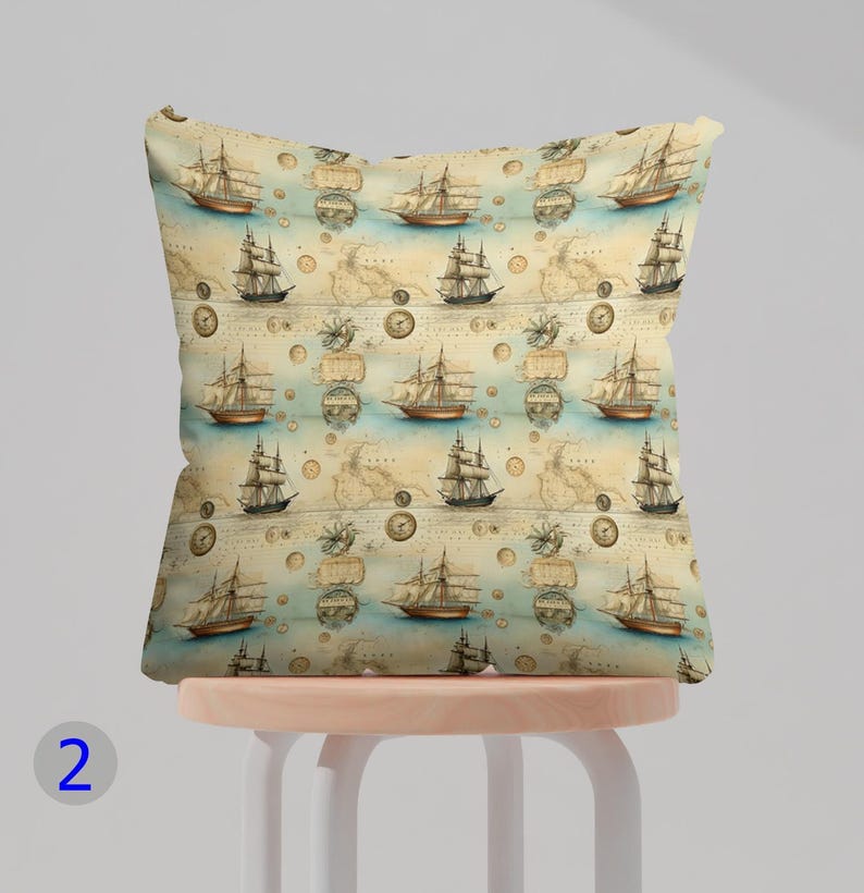 Vintage Ship Pillow Covers, Antique Sailboat Cushion Covers, Floral ...