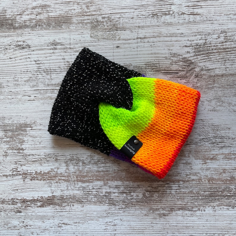 Neon Rainbow With Black and Silver Sparkle Knit Twist Winter Headband ...