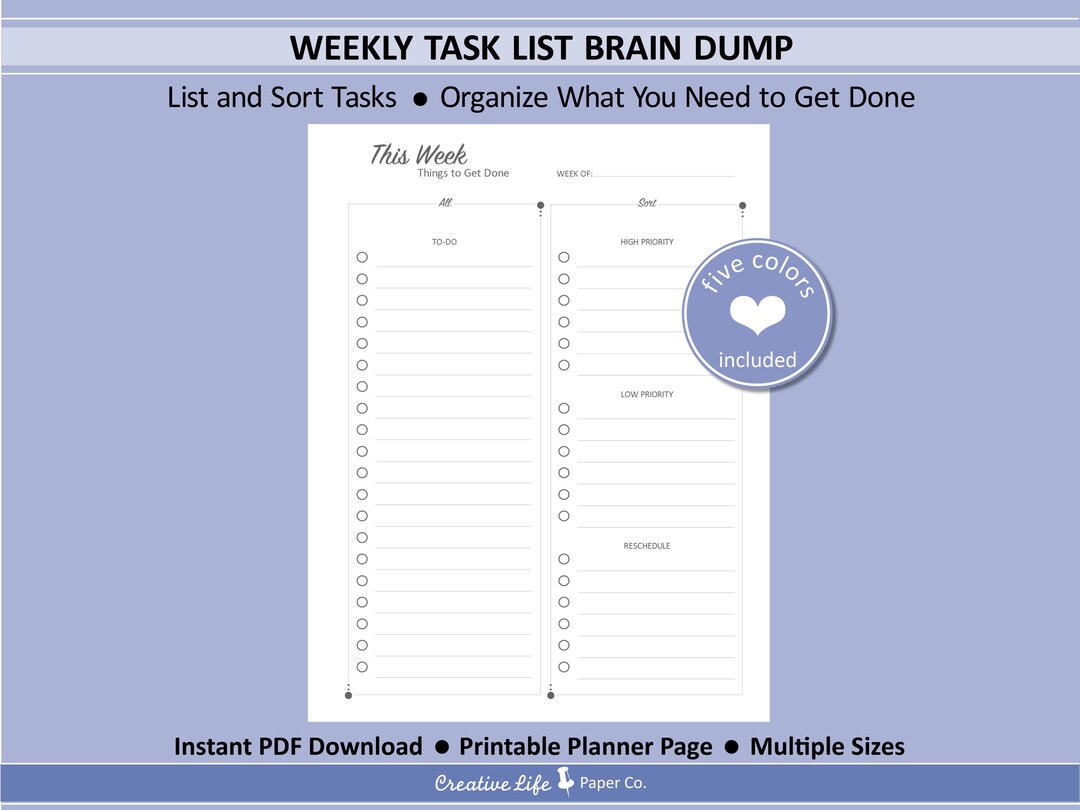 Brain Dump Planner Page: Weekly Task List Organizer (PDF Download) - Etsy
