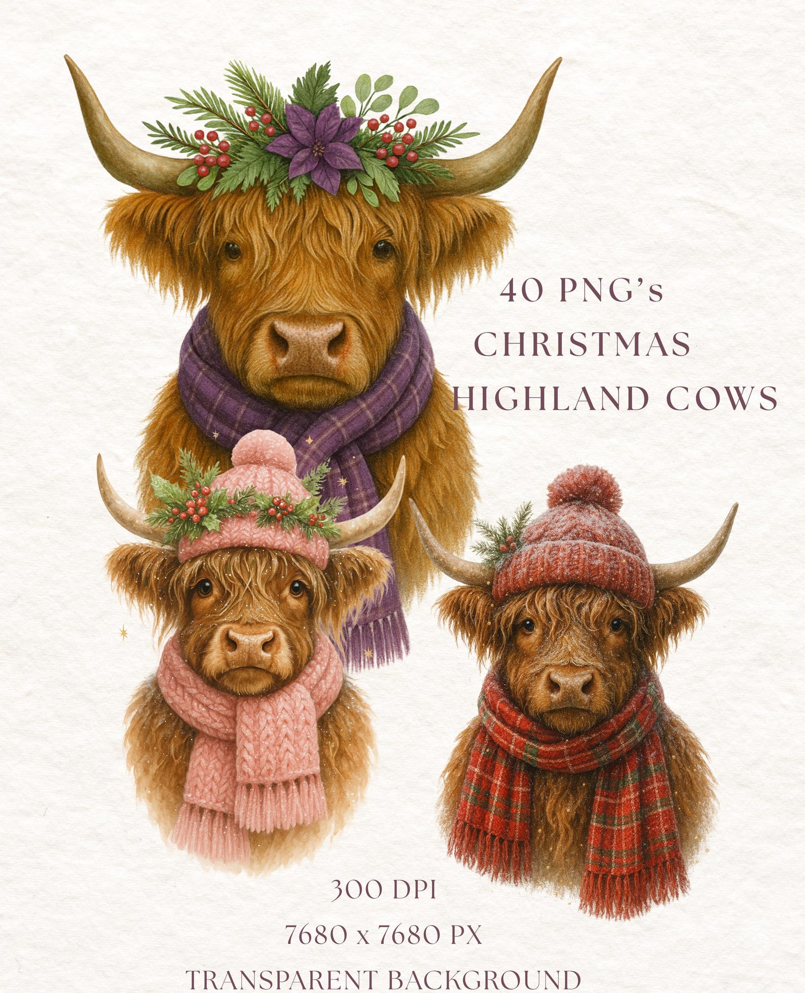 Christmas Highland Cow Clipart Farm Clipart Printable Watercolor ...