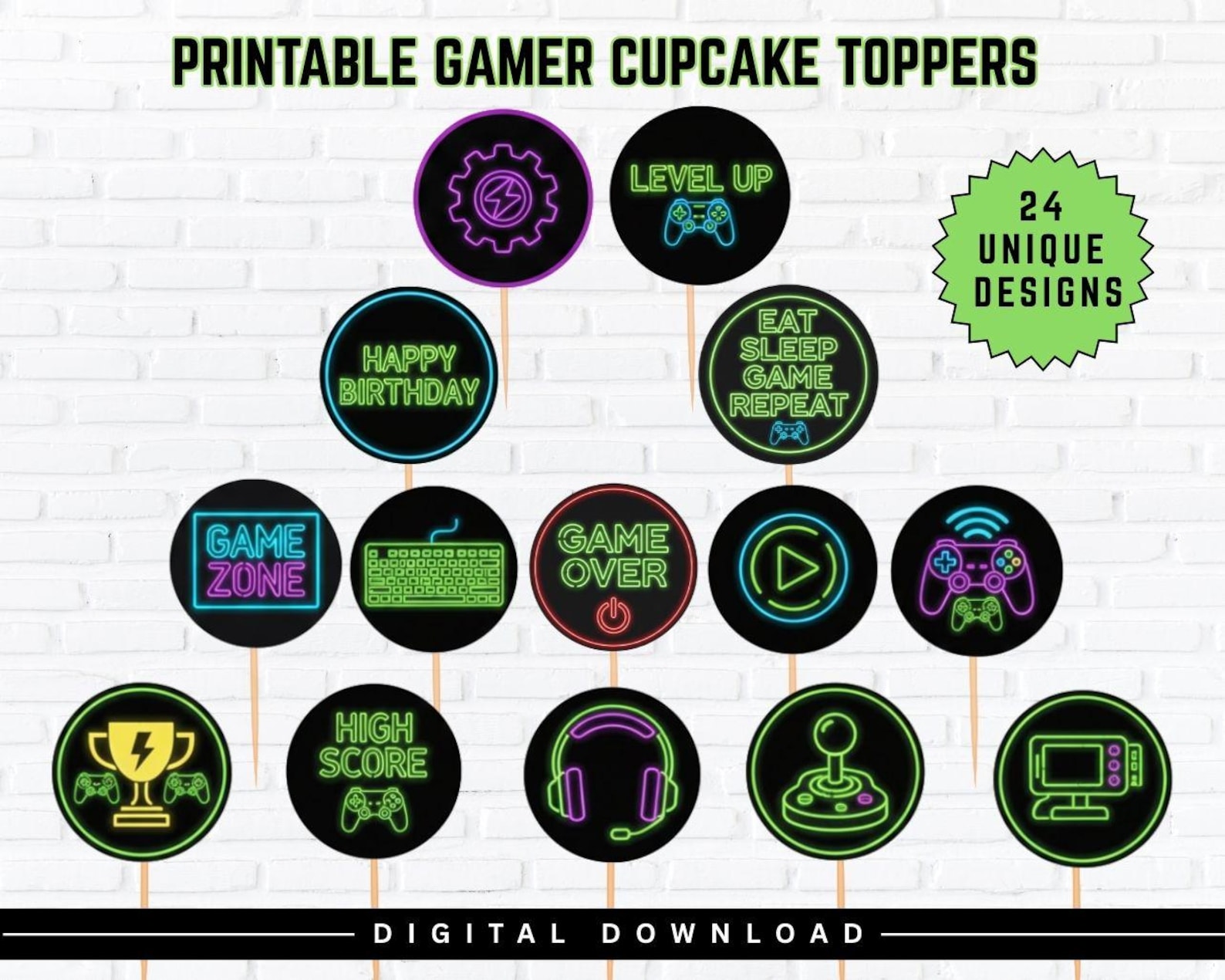 Gamer Party Cupcake Toppers Video Game Party Gaming Treat Snacks Topper ...