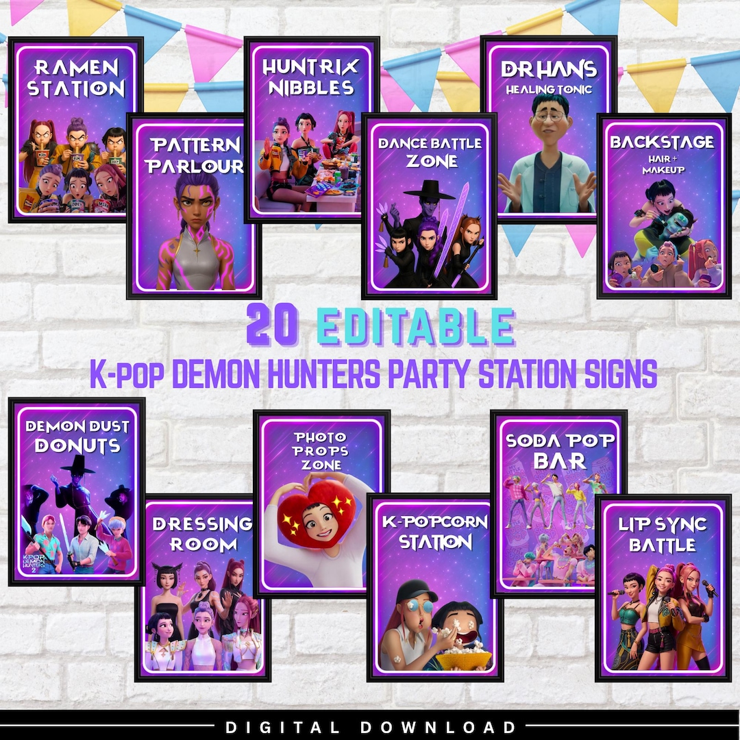 KPOP Demon Hunters Party 20 Signs Editable Station Signs Kpop Birthday ...