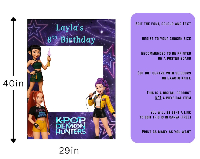 KPOP Demon Hunters Birthday Selfie Frame Editable Canva Template ...