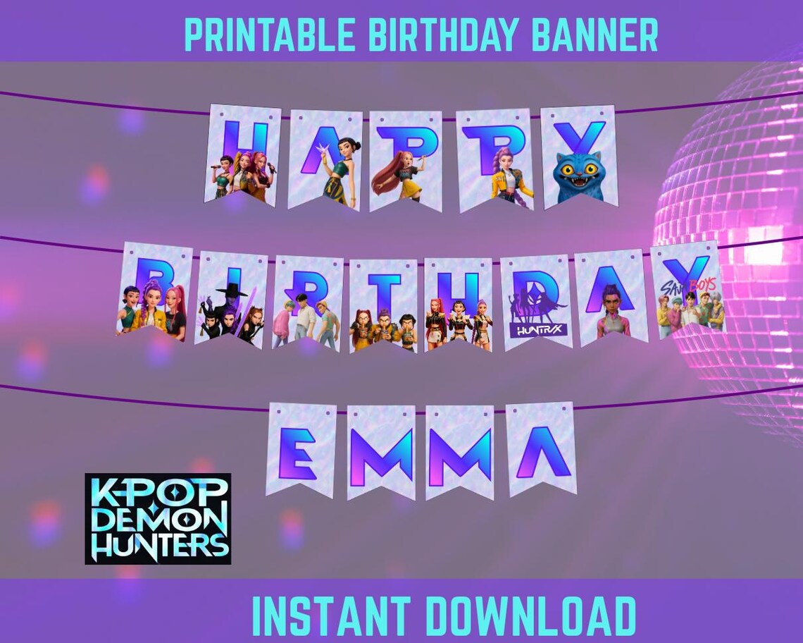 Kpop Demon Hunter Birthday Banner Printable Editable Bunting Huntrix ...
