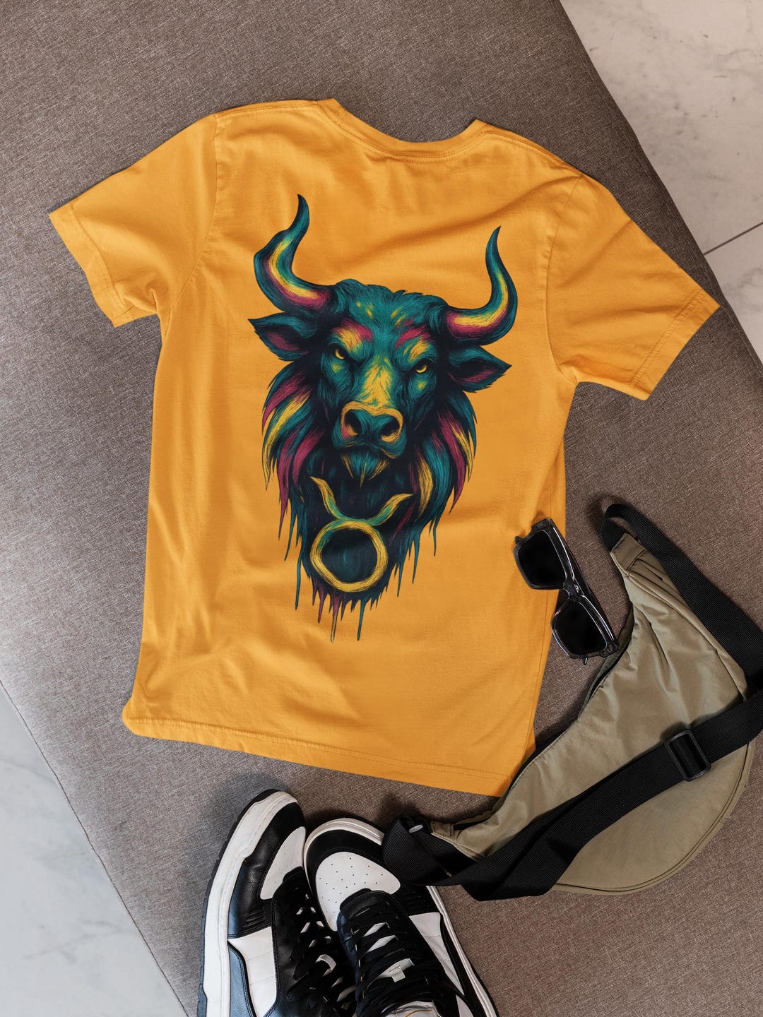Neon Taurus Tee: Zodiac Bull, Street Art Style - Etsy