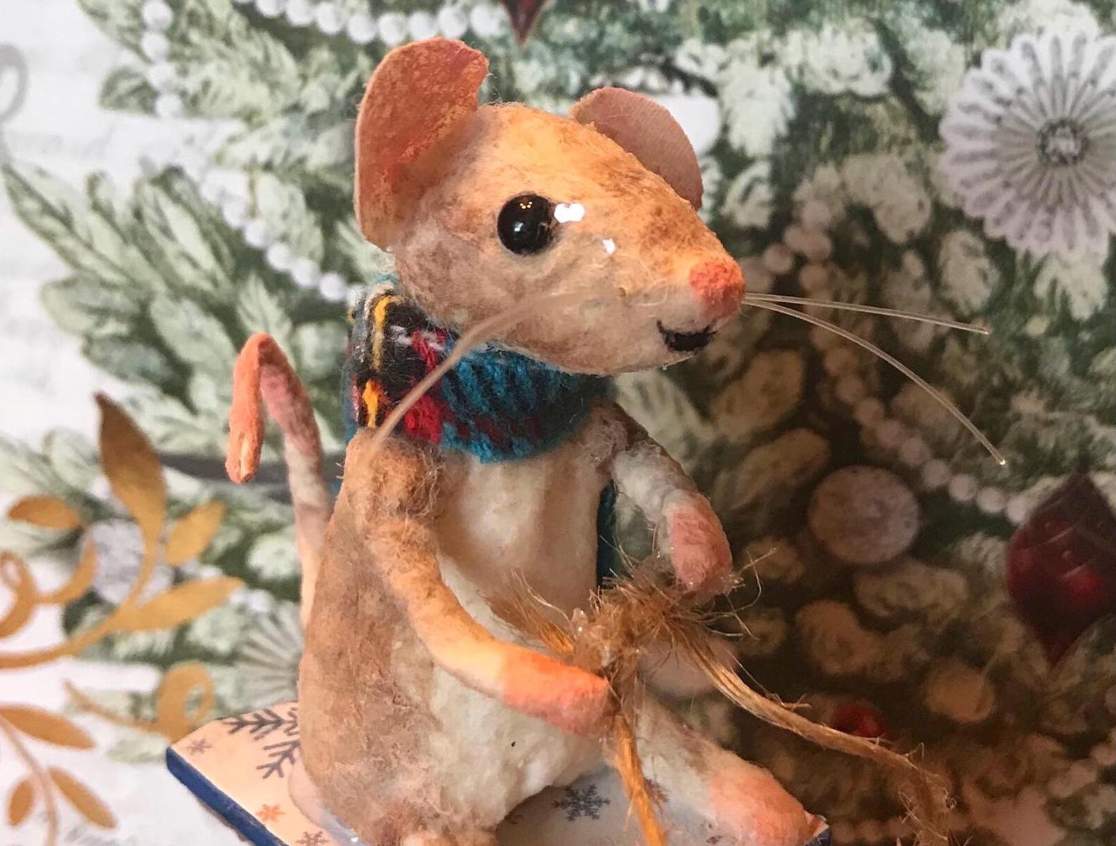 Spun Cotton Mouse Blue Sled , Vintage Look Handmade Ornament, Winter ...