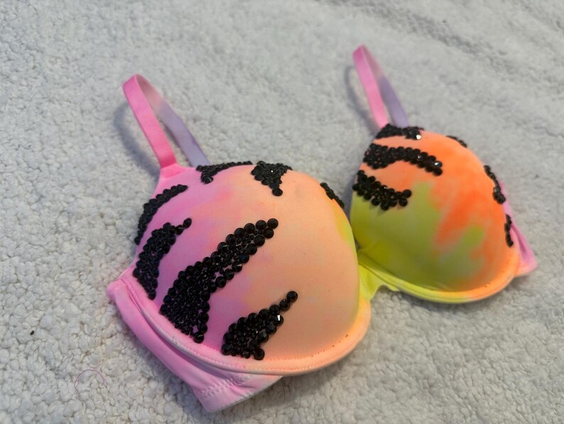 Rhinestone Custom Costume Bra Handmade Detail in Multicolor Tiger Print ...