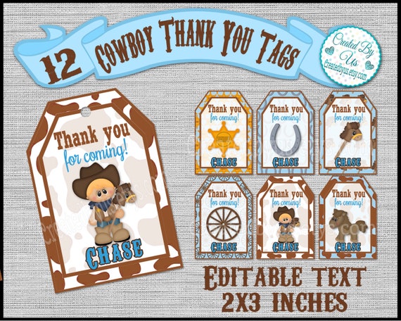 Cowboy Thank You Tags PERSONALIZED Cow Boy Birthday Tags - Etsy