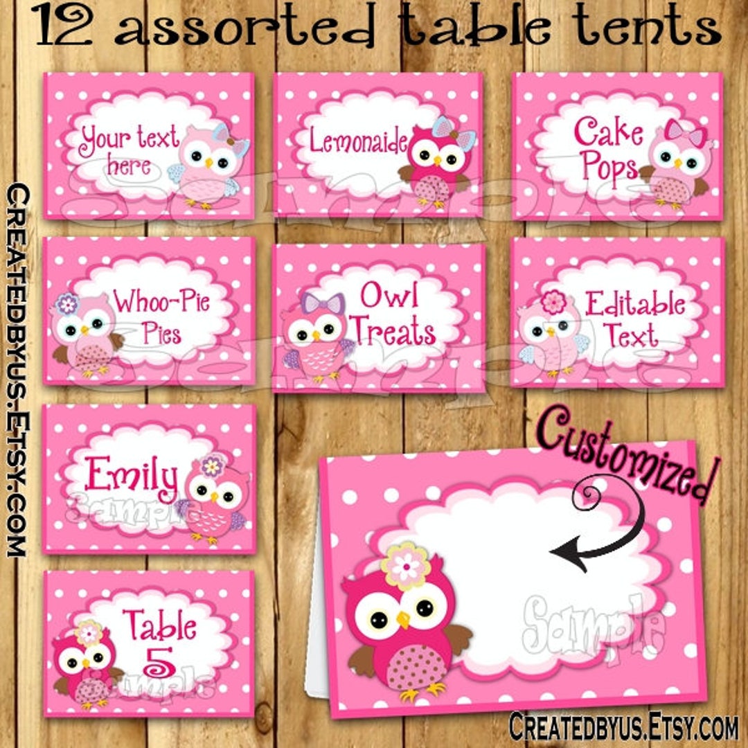 Owl Food Tent Cards Owl Baby Girl Name Cards Place Cards Table ...