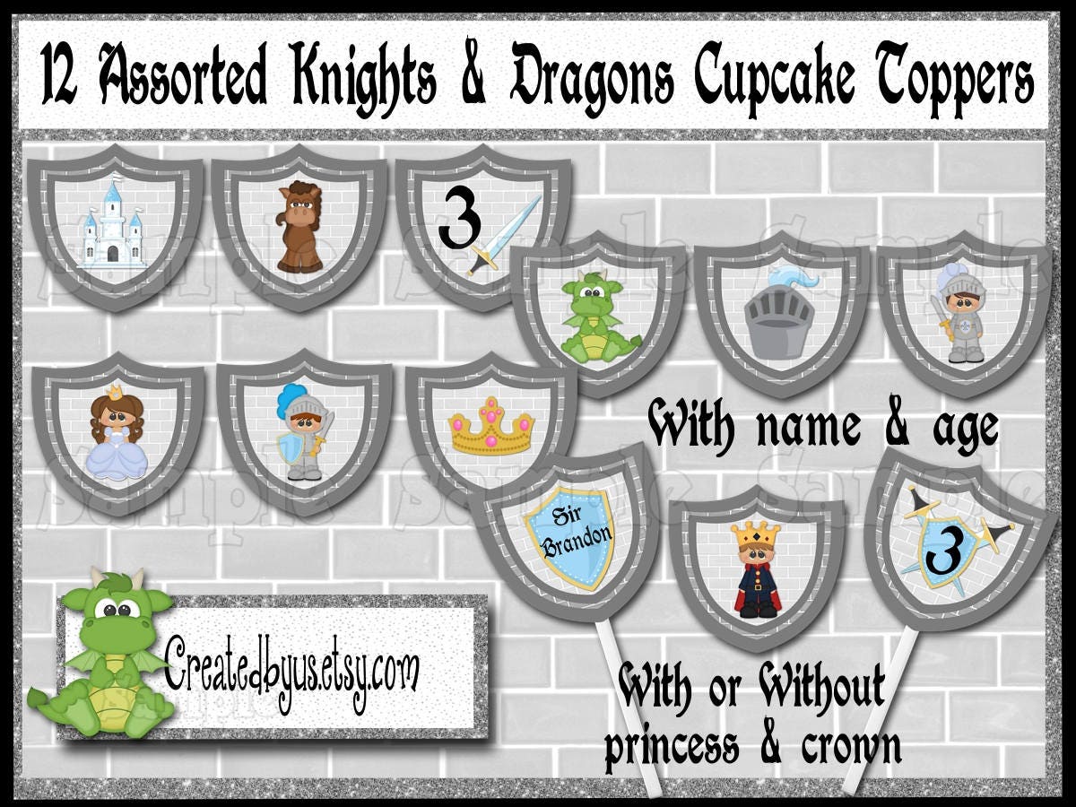 Knights and Dragons Cupcake Toppers Midieval Birthday Decorations 1st ...