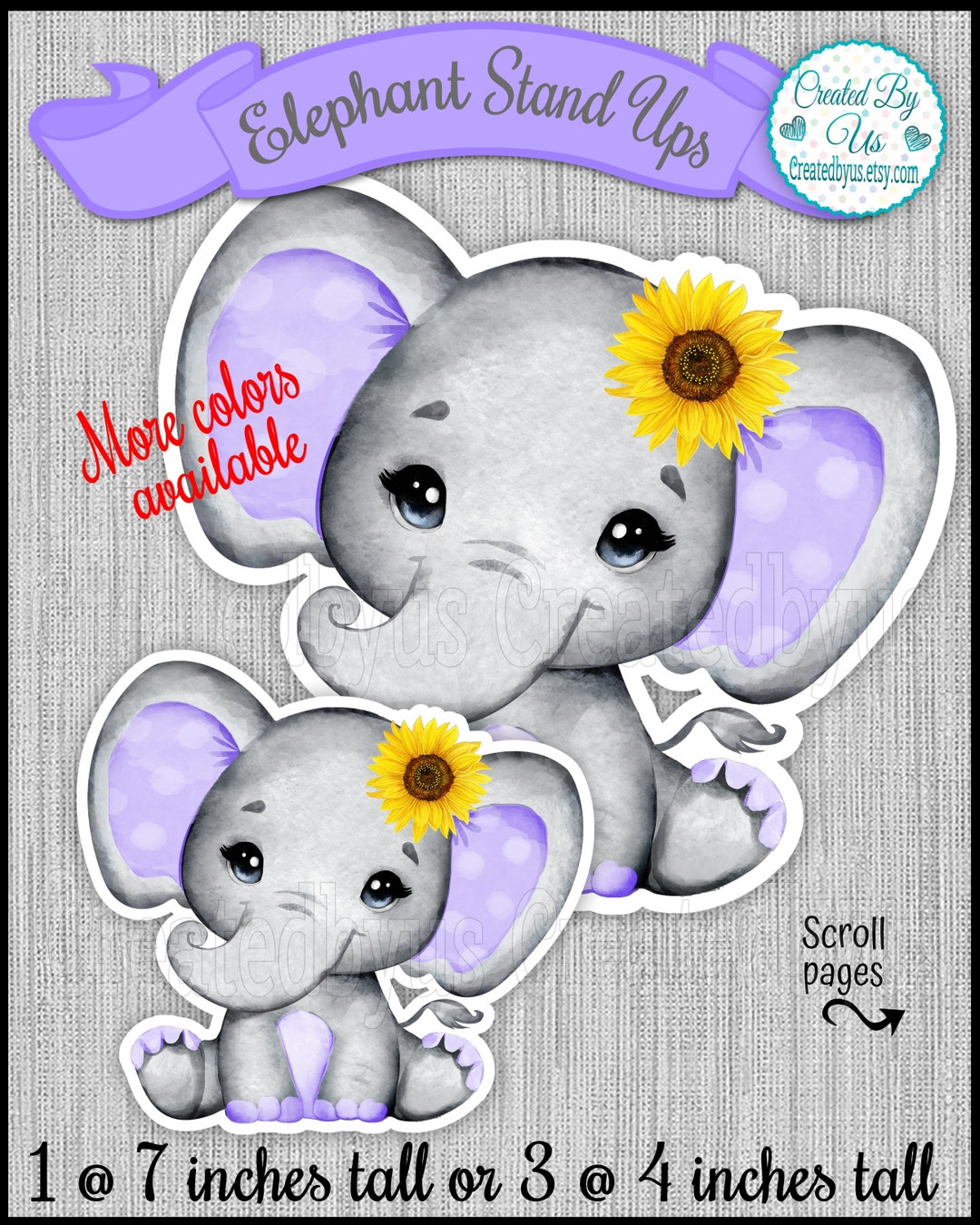 Purple Sunflower Girl Baby Elephant Stand up Cutouts Party Decorations ...