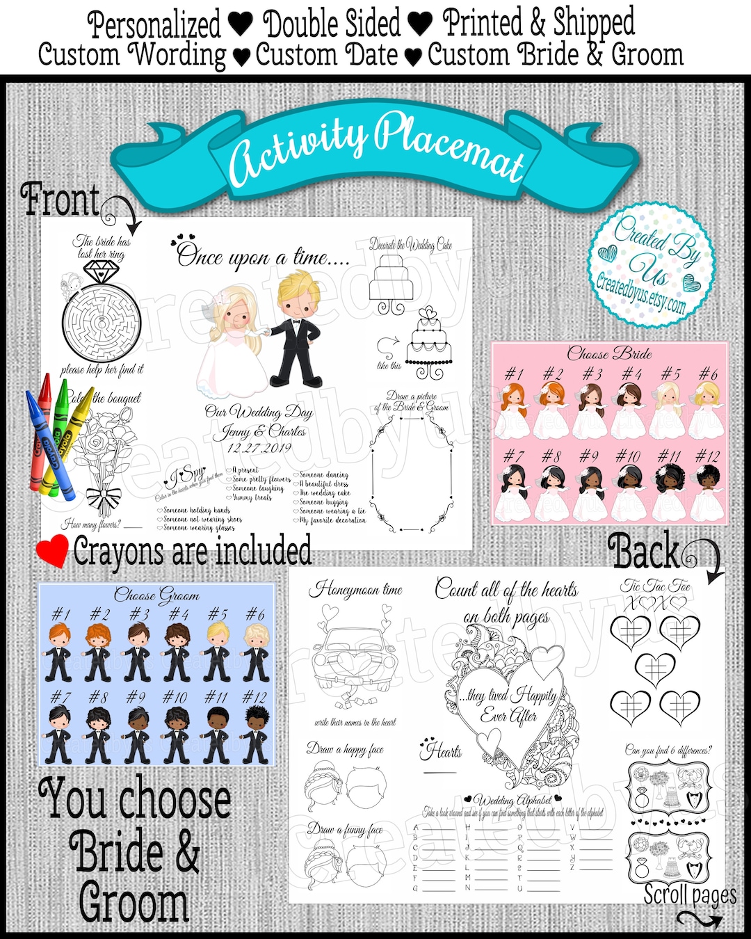 Custom Wedding Coloring Placemats Activity Mat Wedding Reception Favors ...