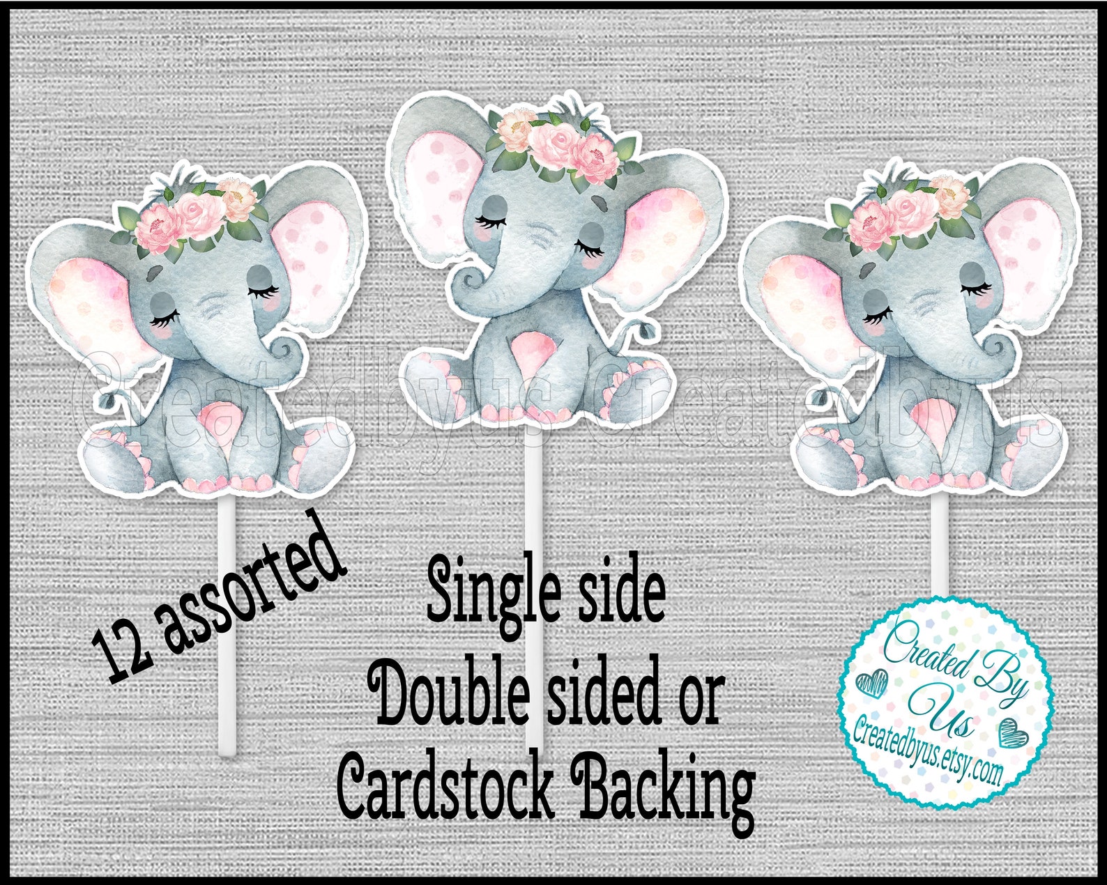 Baby Girl Elephant Cupcake Toppers Watercolor Sleeping Elephant Baby ...