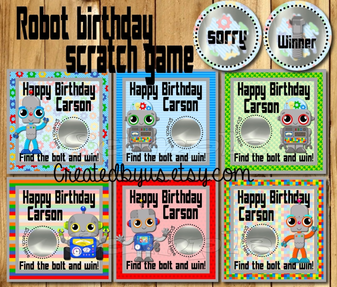 Happy Birthday Scratch off Cards Robot Birthday Party Game Cards Party ...