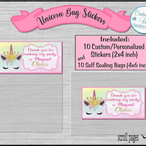 Unicorn Treat Bags Unicorn Thank You Stickers and Bags Custom Unicorn ...