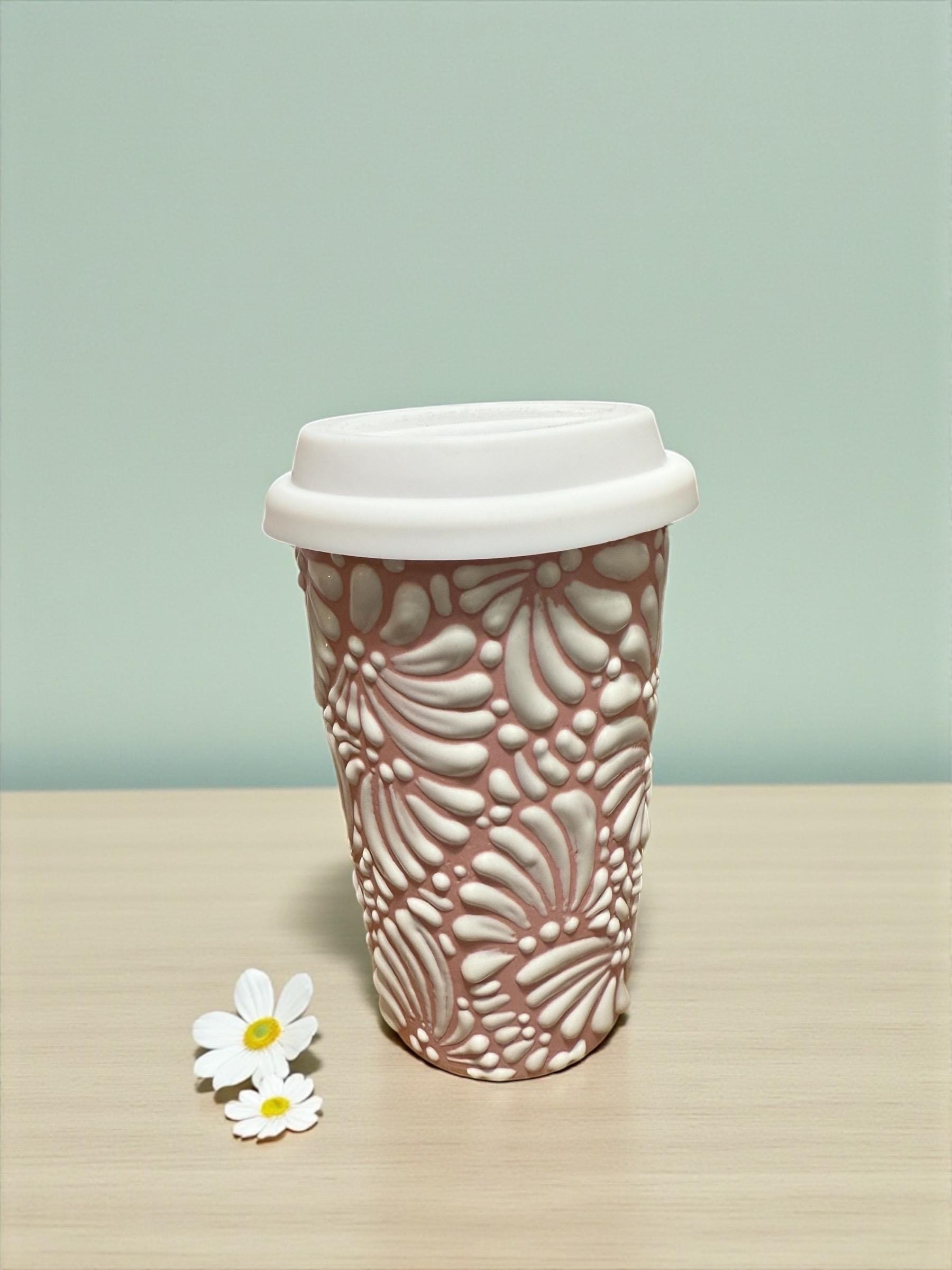 Handmade Talavera Thermo Cup | Pink Floral Ceramic Travel Mug, Puebla ...