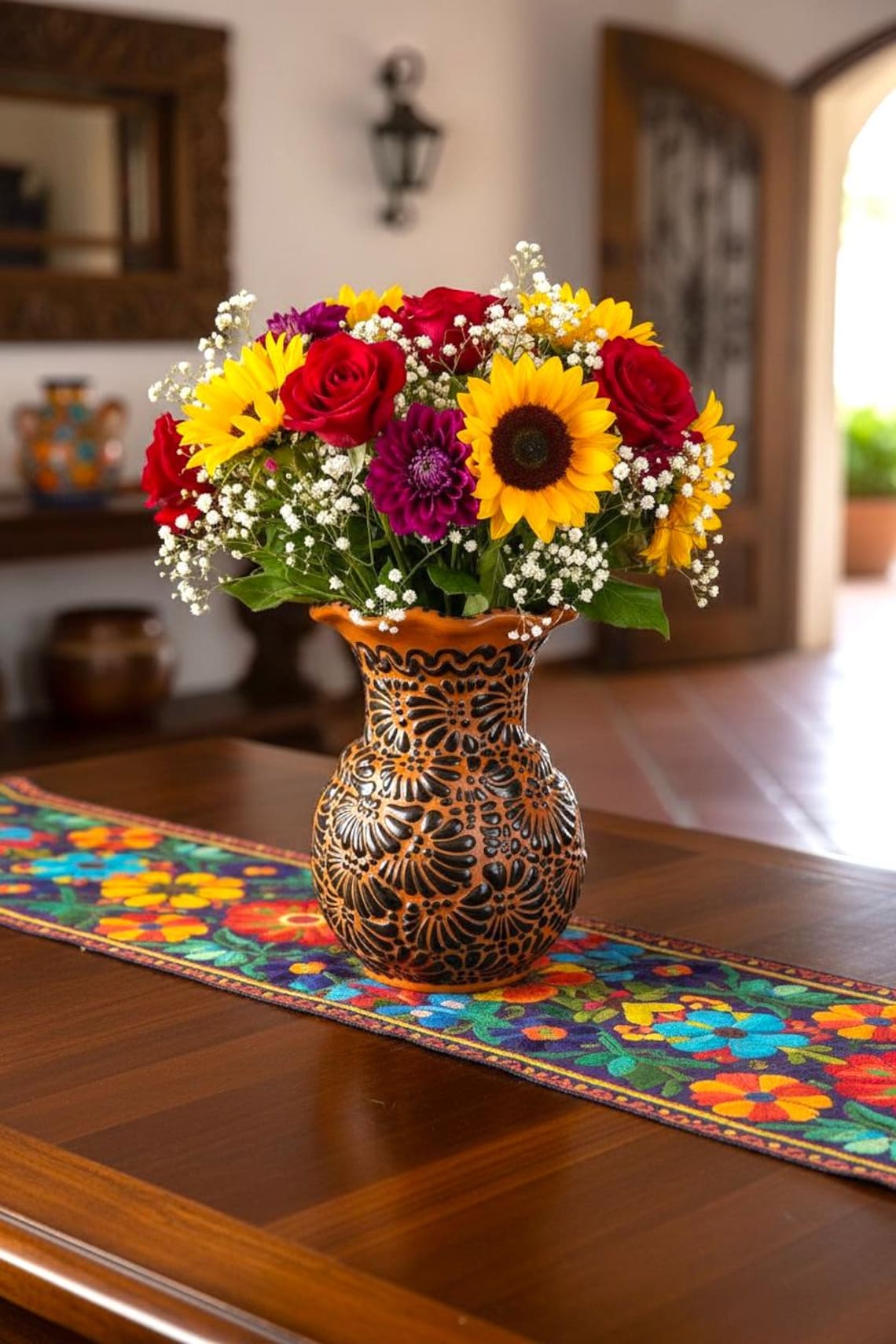 Hand-painted Talavera Vase | Brown With Black Floral Print | Mexican ...