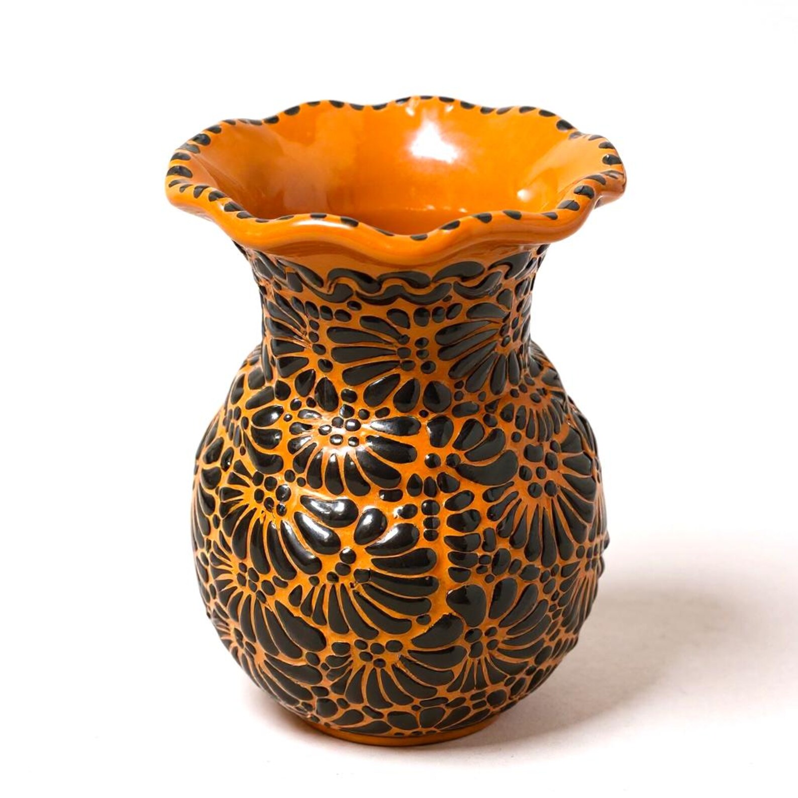 Hand-painted Talavera Vase | Brown With Black Floral Print | Mexican ...