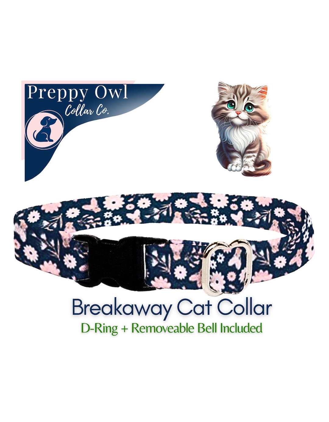 Floral Cat Breakaway Collar, Girl Cat Collar With Bell, Kitten Collar ...