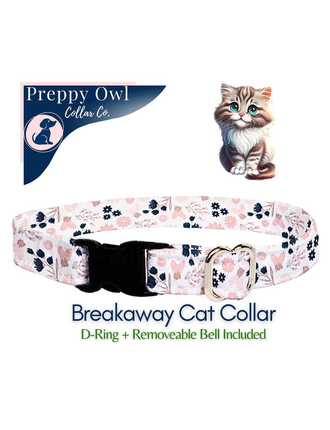 Floral Cat Breakaway Collar, Girl Cat Collar With Bell, Pink Kitten ...
