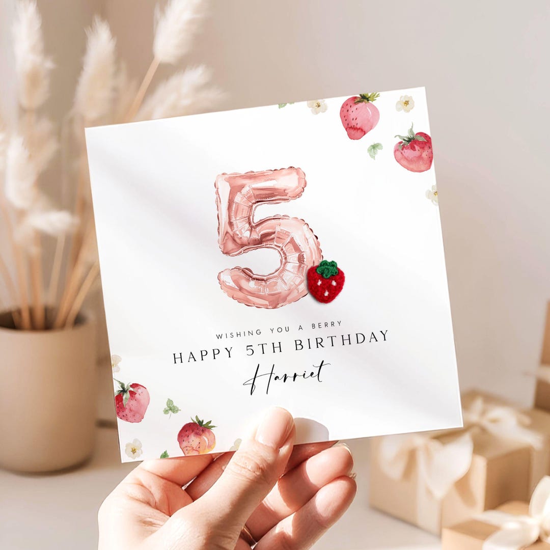 Personalised 5th Birthday Card – Handmade Strawberry Fifth Birthday ...