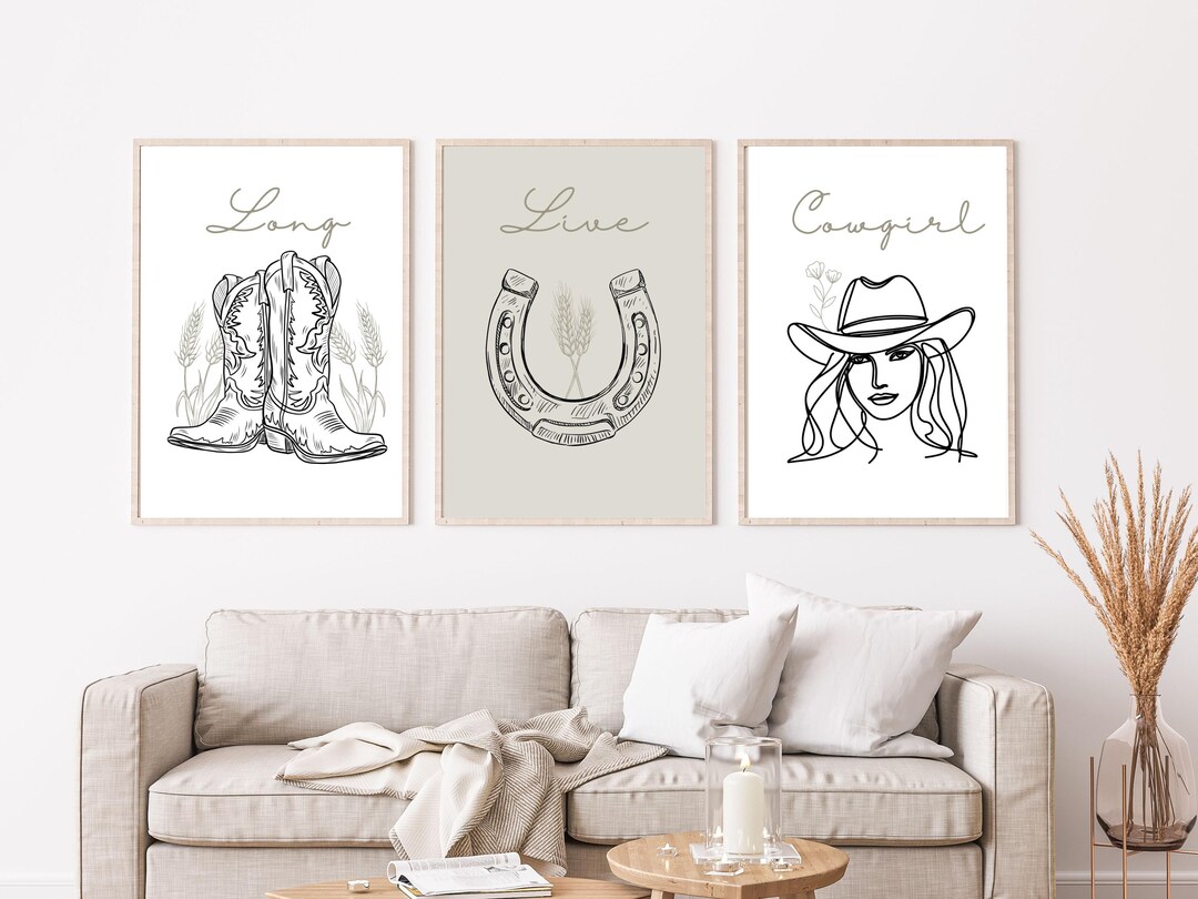 Minimalist Western Wall Art Set of 3• Cowgirl Line Art •neutral Country ...