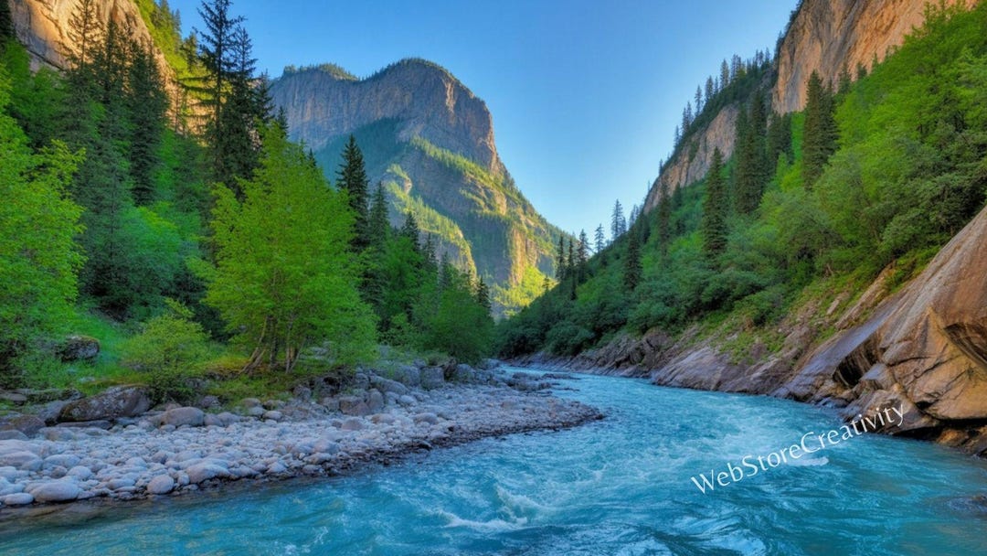 Alpine River Valley Landscape Wall Art Digital Print 16x9 Green Nature ...