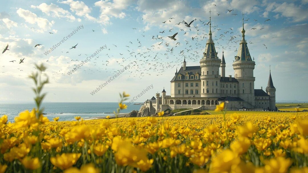Castle Landscape Print Yellow Flowers Field Digital Wall Art ...