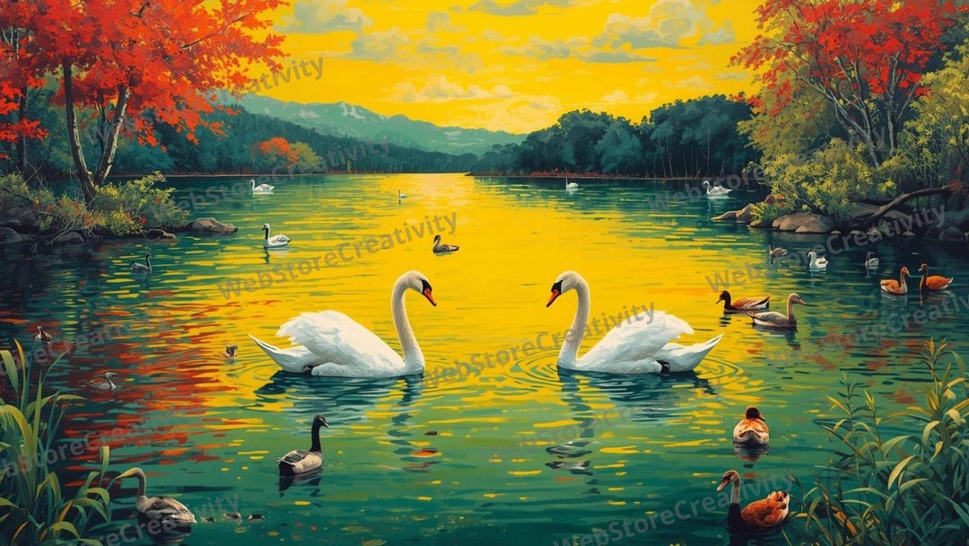 Swan Lake Sunset Art Printable Digital Wall Art Wildlife Painting 16x9 ...