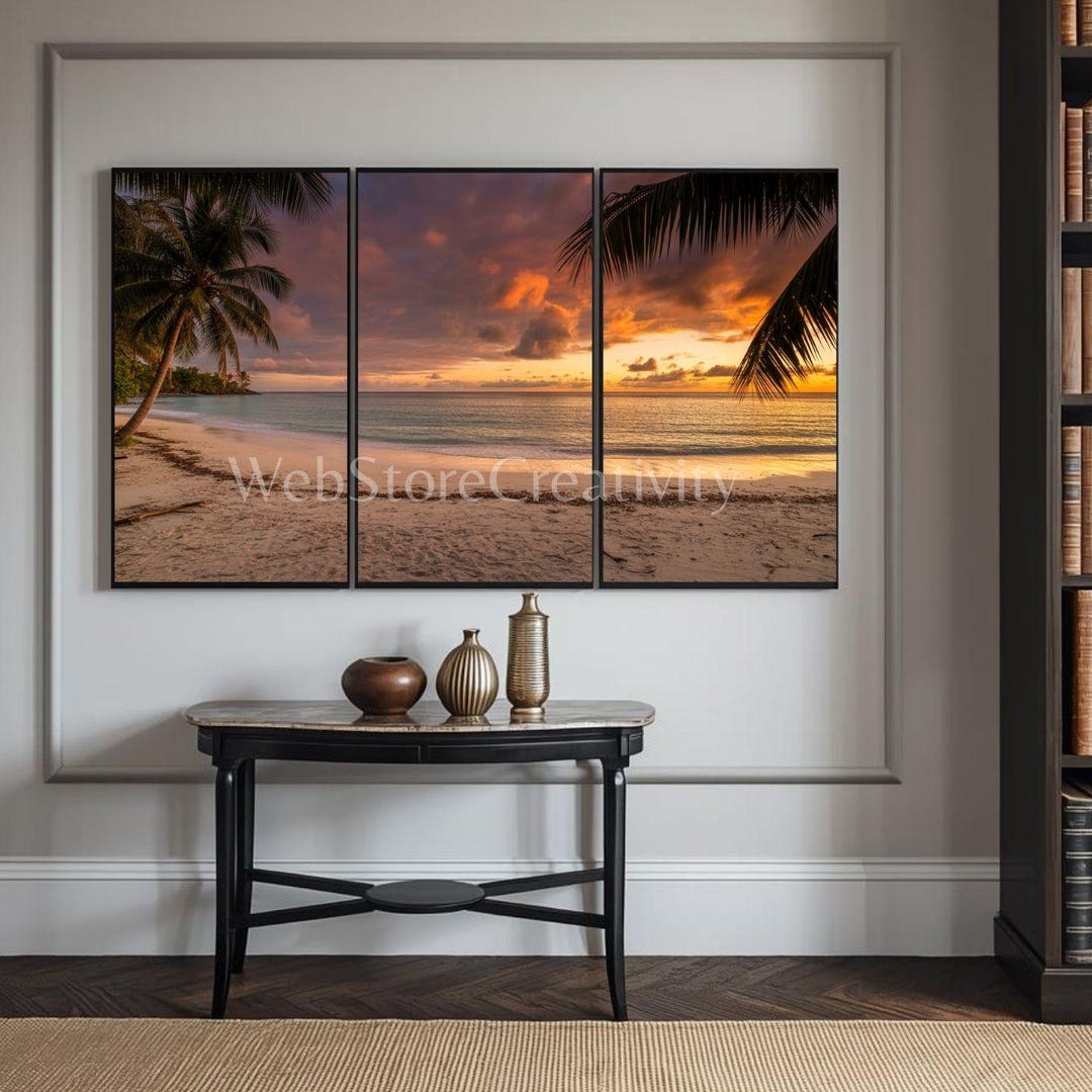 Triptych Vertical Tropical Sunset Beach Printable Digital Palm Ocean ...