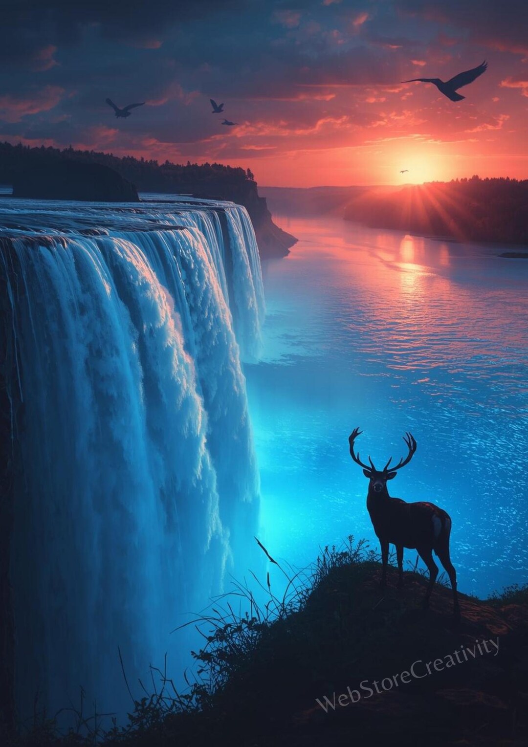 Mystic Waterfall Deer Wall Art Printable Fantasy Nature Landscape ...