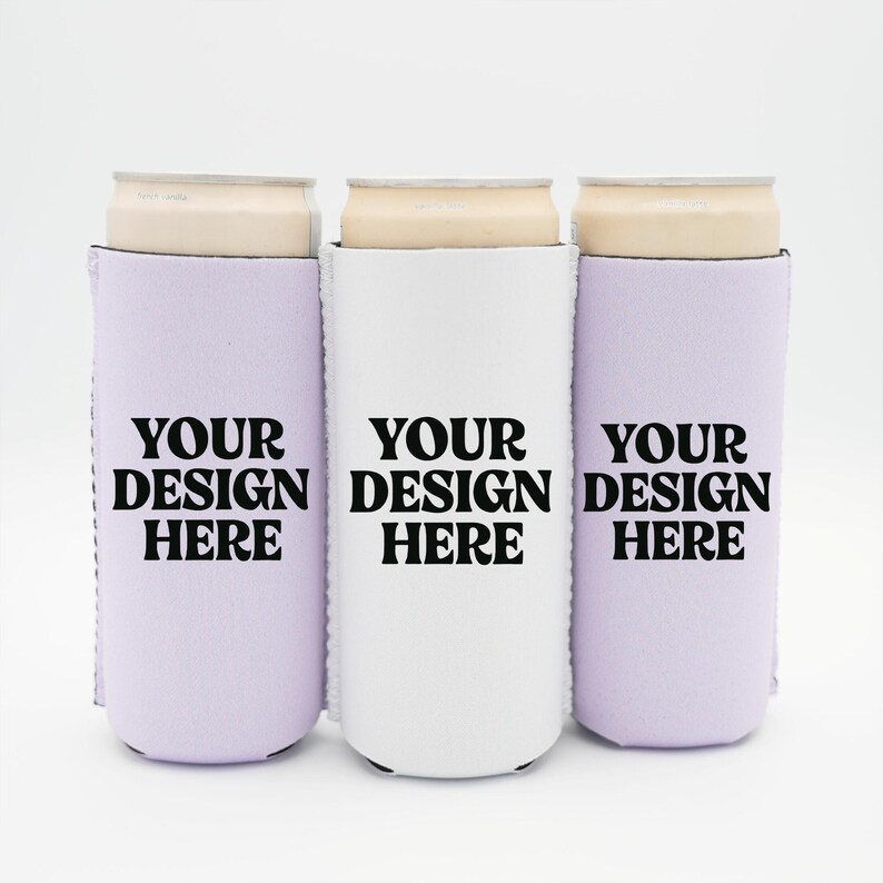 Slim Can Cooler Mockup, 3 Koozie Mockup, White & Lavender Can Sleeve ...