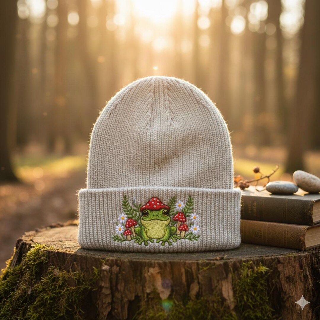 Embroidered Tan Rib Knit Beanie – Mushroom & Frog Cottagecore Hat - Etsy