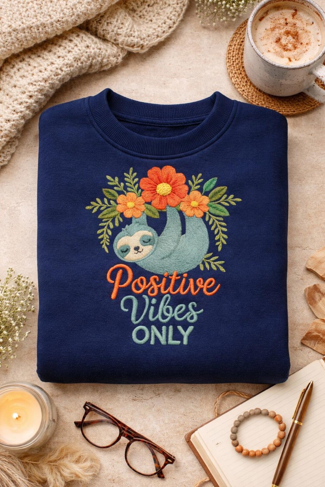 Custom Zen Sloth Digital Embroidery Sweatshirt – Positive Vibes Only ...