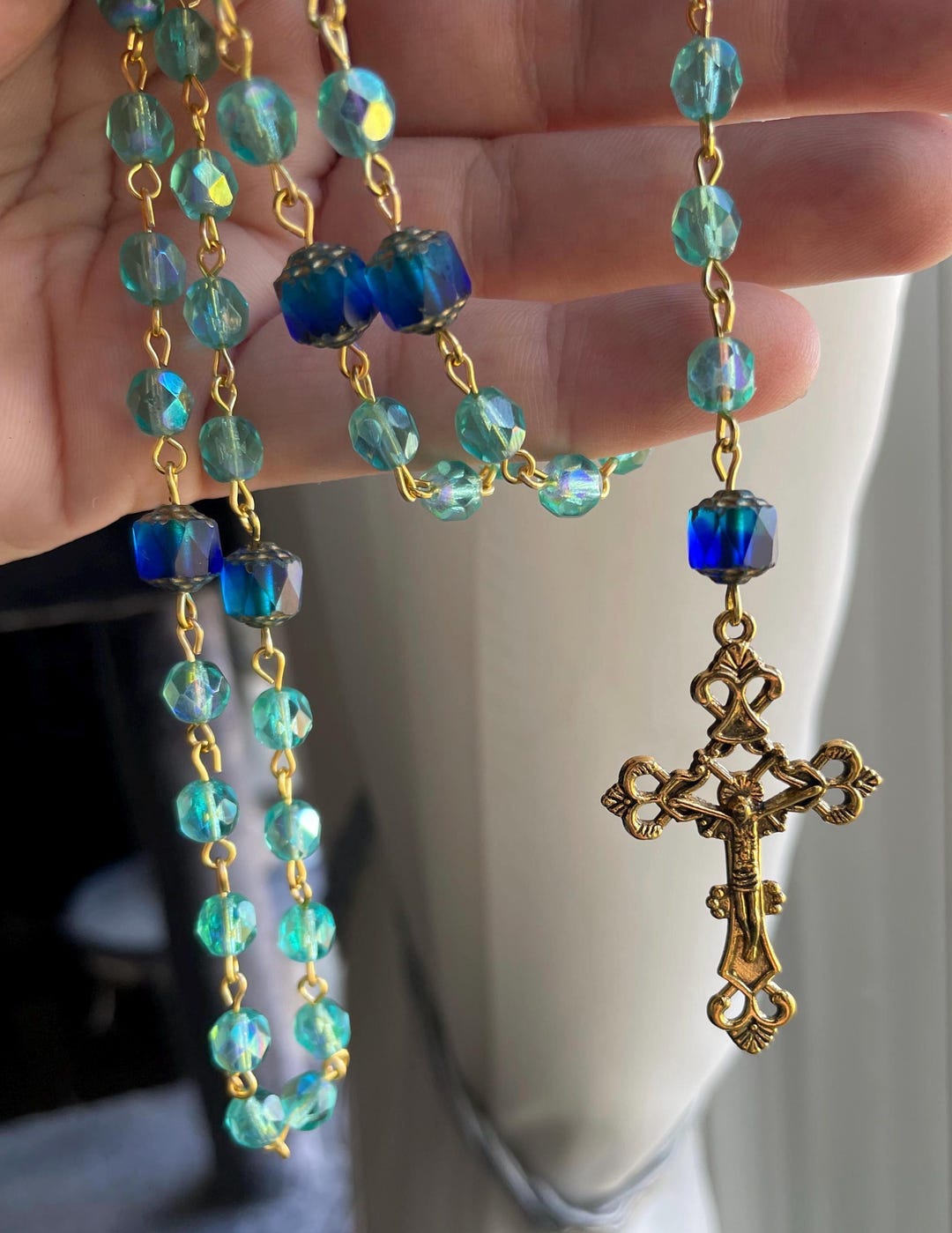 Bright Blue Czech Glass Handmade Rosary - St. Martin De Porres - Etsy