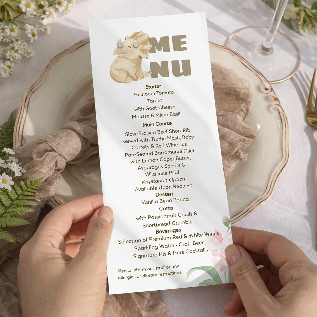 Dinosaur Baby Shower Menu Template – Editable Dino Party Printable ...
