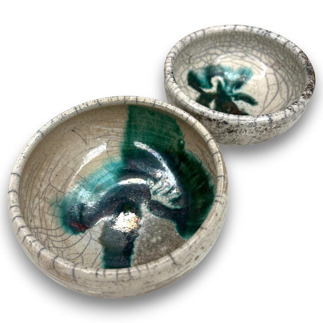 Set of 2 Raku Style Studio Art Pottery Bowls Signed Blue Teal Metallic ...
